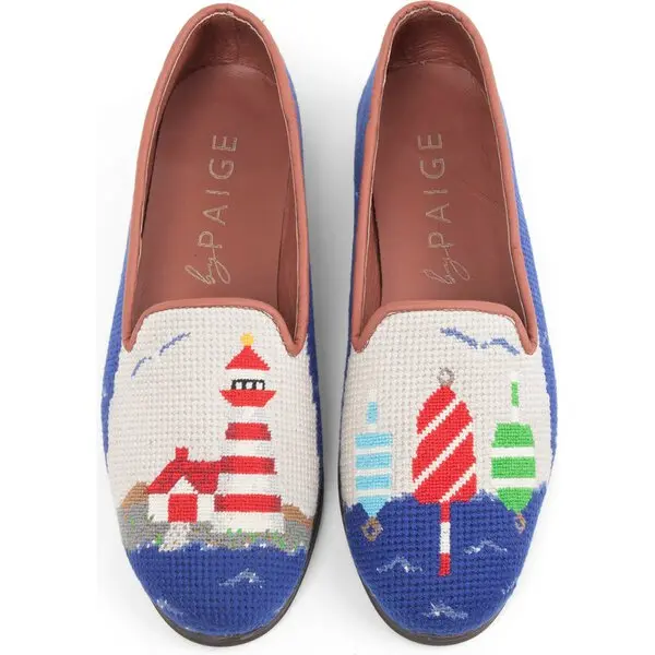 BYPAIGE Lighthouse Needlepoint Flat - Navy Red Nautical