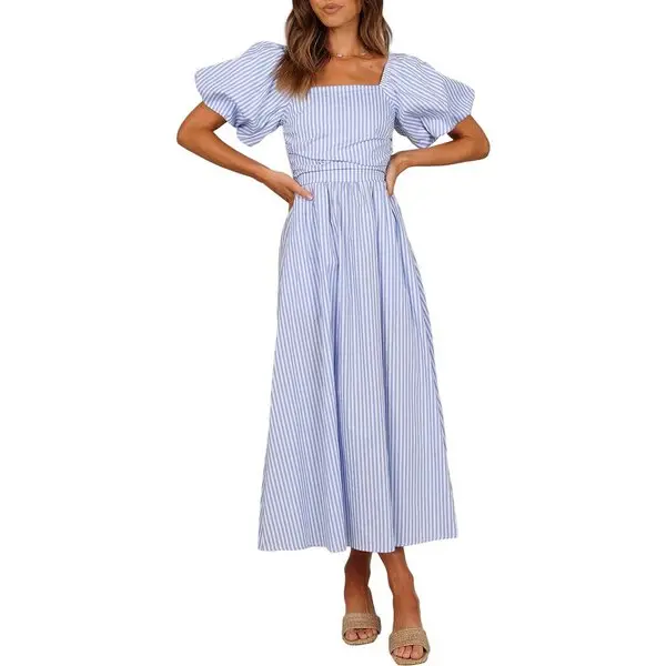 PETAL & PUP Puff Sleeve Midi Dress - Blue Stripe