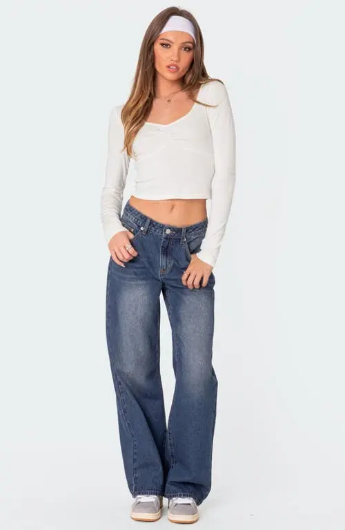 EDIKTED Nat Ruched V-neck Crop Top - White