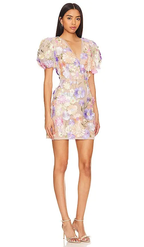 ELLIATT Anthea Dress With Puff Sleeves And Floral Embellishments