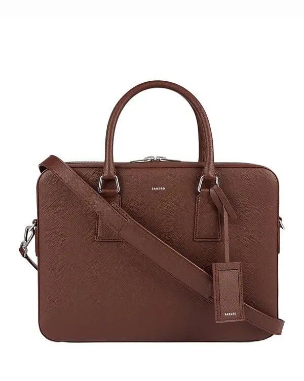 Sandro Downtown Large Saffiano Leather Briefcase - Cognac