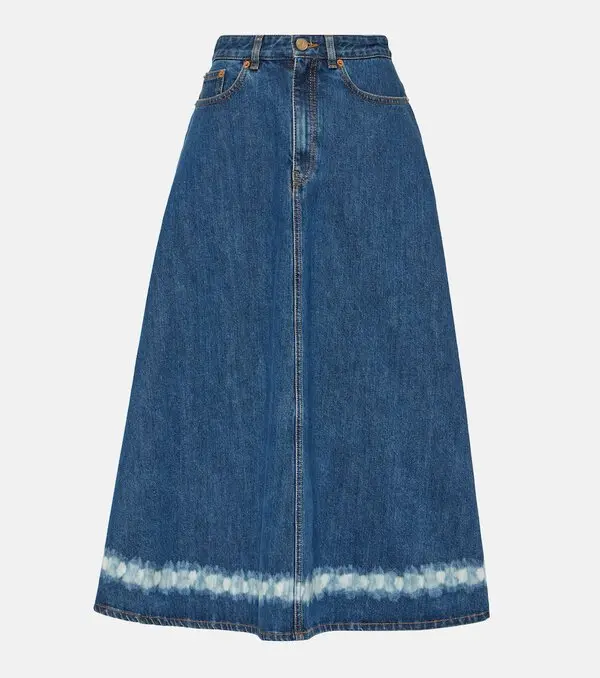 Valentino Garavani Vgold Distressed Denim Midi Skirt - Blue