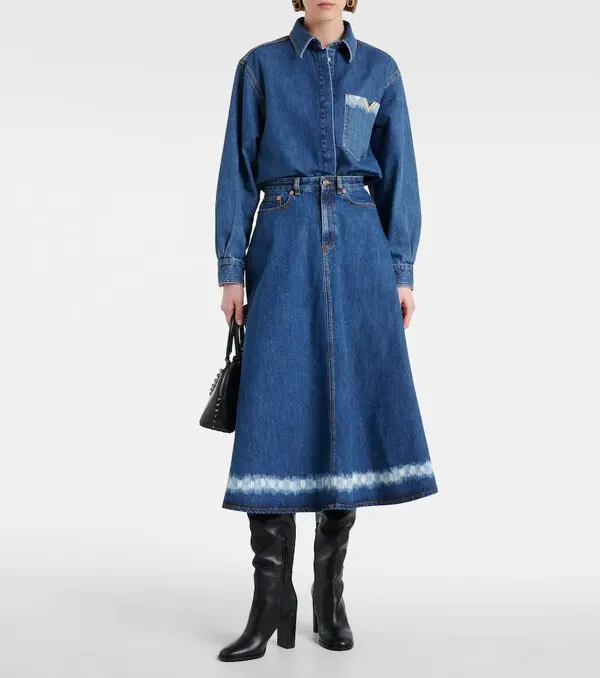 Valentino Garavani Vgold Distressed Denim Midi Skirt