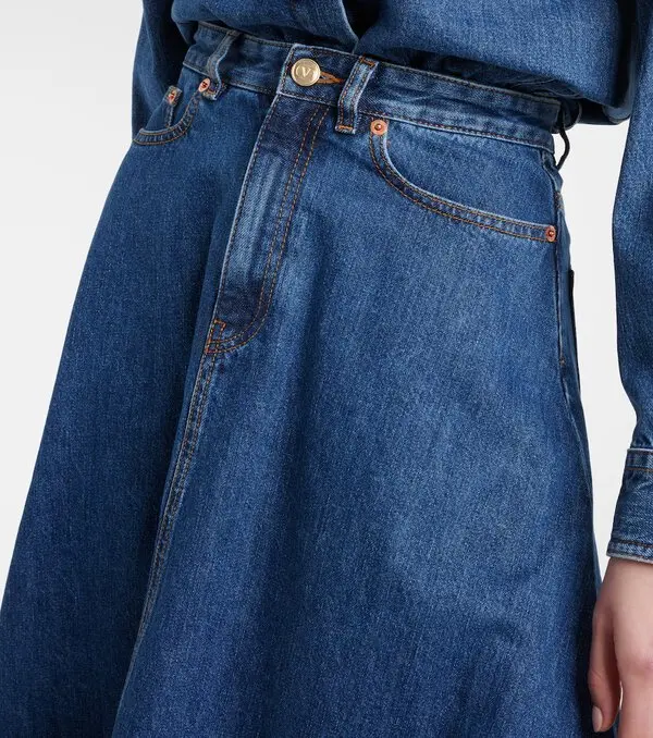 Valentino Garavani Vgold Distressed Denim Midi Skirt