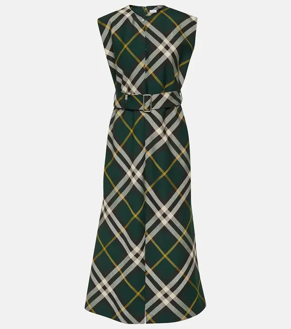 Burberry Check Wool Midi Dress - Green