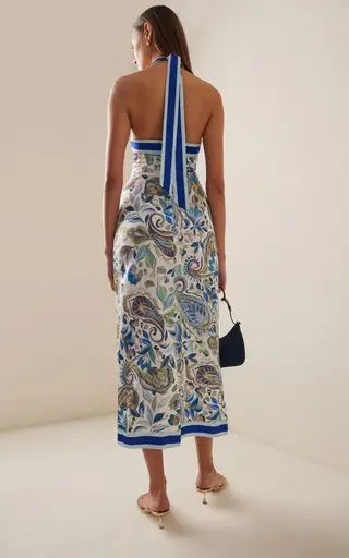 Significant Other Polly Paisley Satin Midi Halter Dress - Blue |  Editorialist