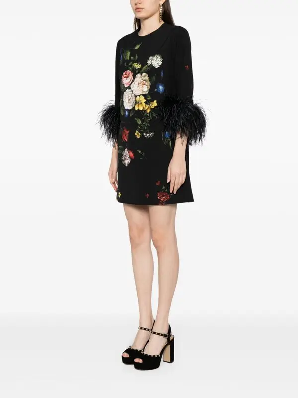 Elie Saab Feather-Trim Floral Minidress In Black - 49% Off | Editorialist