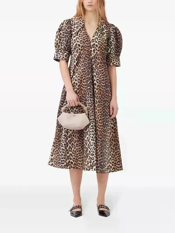 GANNI Leopard-print Organic Cotton Midi Dress - Neutrals