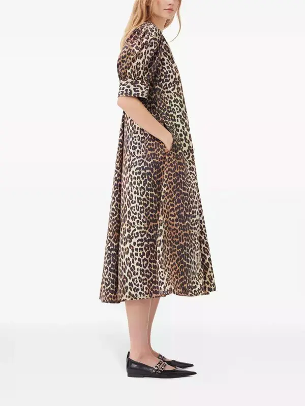 GANNI Leopard-print Organic Cotton Midi Dress - Neutrals