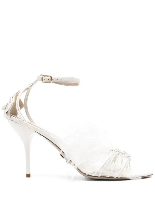 GENNY 90mm Feather-detail Leather Sandals - White