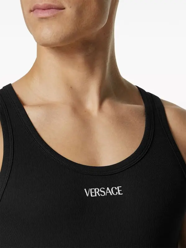 Versace Logo-embroidered Ribbed Tank Top - Black