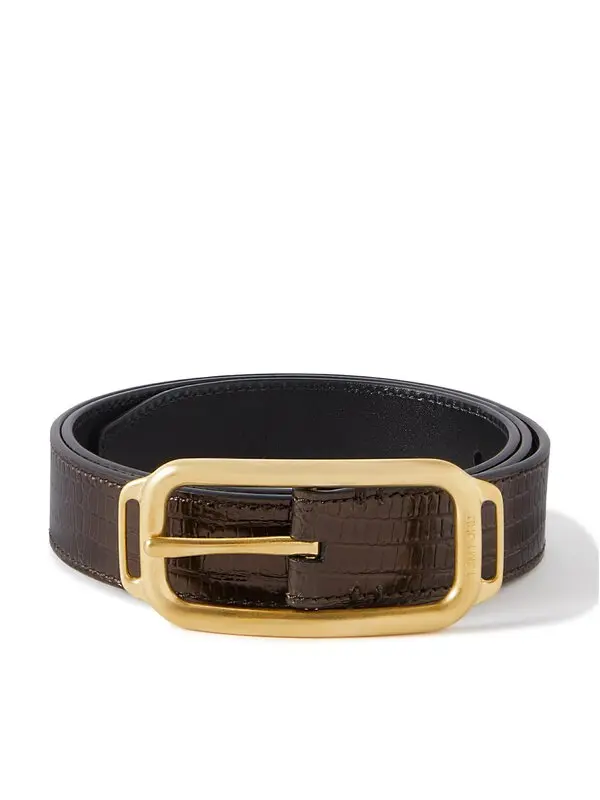 TOM FORD 3cm Glossed Lizard-effect Leather Belt