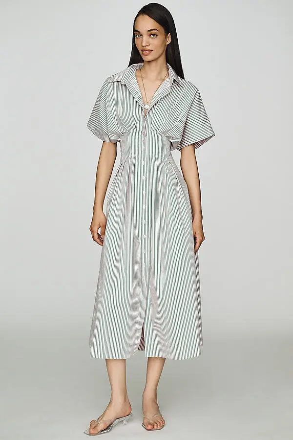 EXQUISE Tobie Shirt Dress With Exaggerated Sleeves And Pleats - Pink/green Stripe
