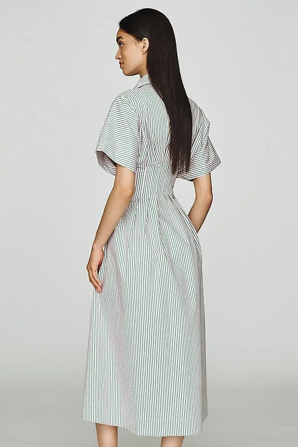 EXQUISE Tobie Shirt Dress With Exaggerated Sleeves And Pleats - Pink/green Stripe