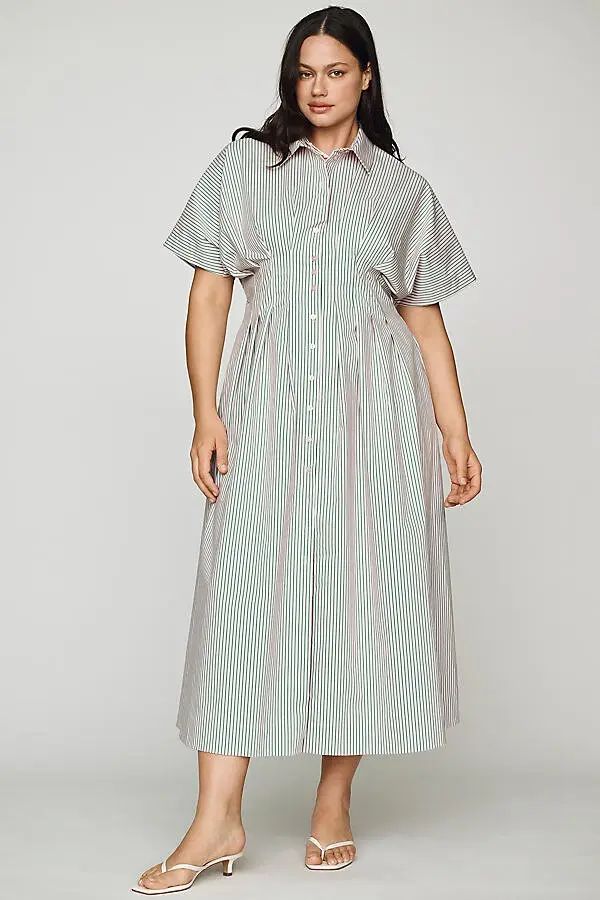 EXQUISE Tobie Shirt Dress With Exaggerated Sleeves And Pleats - Pink/green Stripe