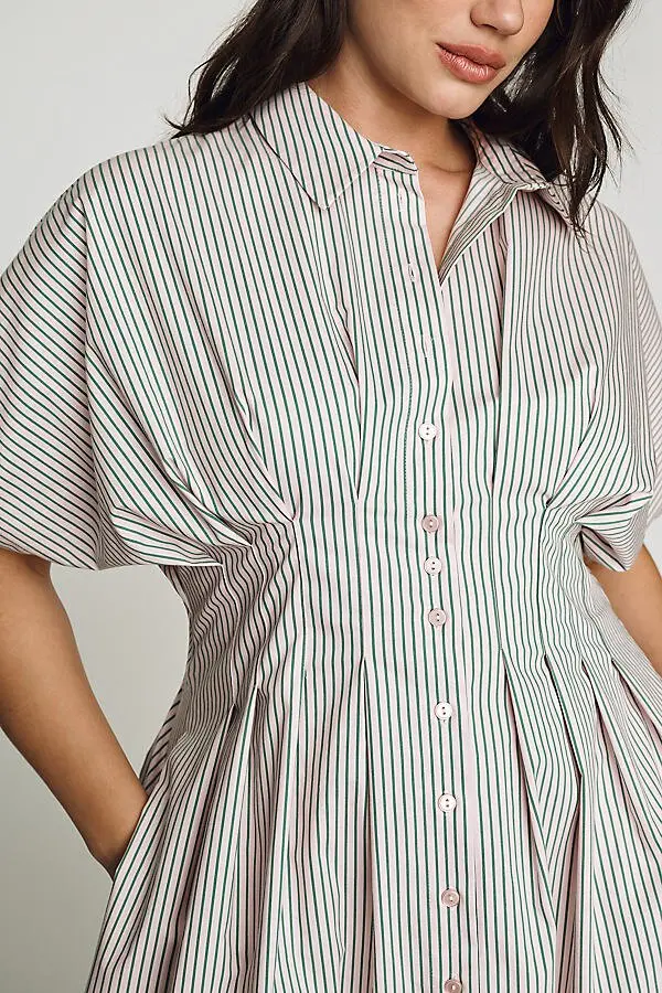 EXQUISE Tobie Shirt Dress With Exaggerated Sleeves And Pleats - Pink/green Stripe