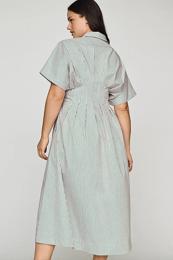 EXQUISE Tobie Shirt Dress With Exaggerated Sleeves And Pleats - Pink/green Stripe