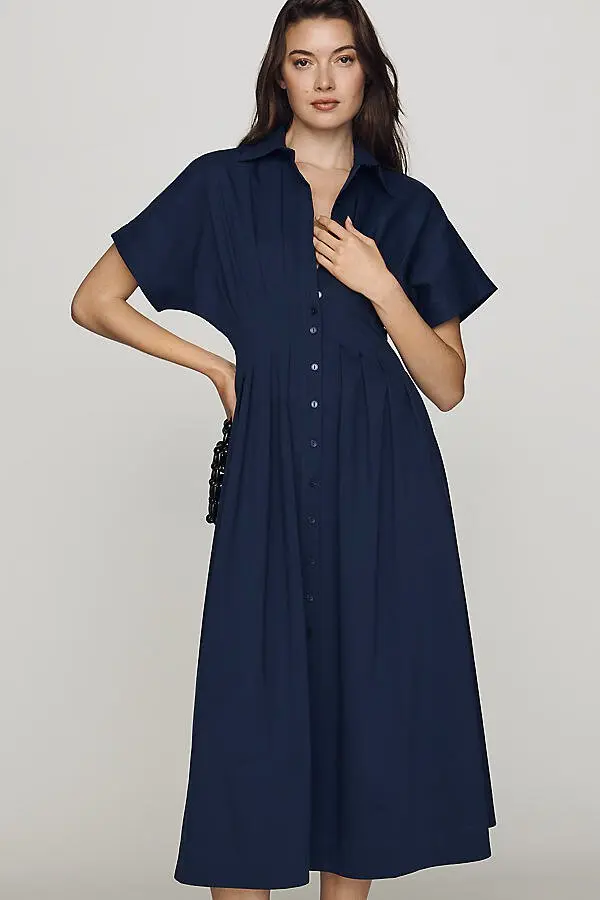 EXQUISE Tobie Shirt Dress With Pleats And Exaggerated Sleeves - Solid Navy