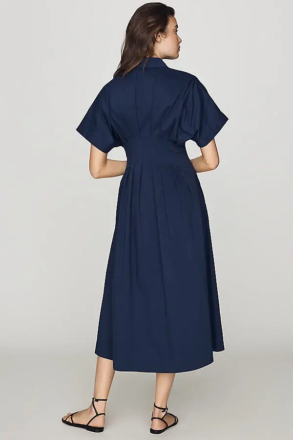 EXQUISE Tobie Shirt Dress With Pleats And Exaggerated Sleeves - Solid Navy