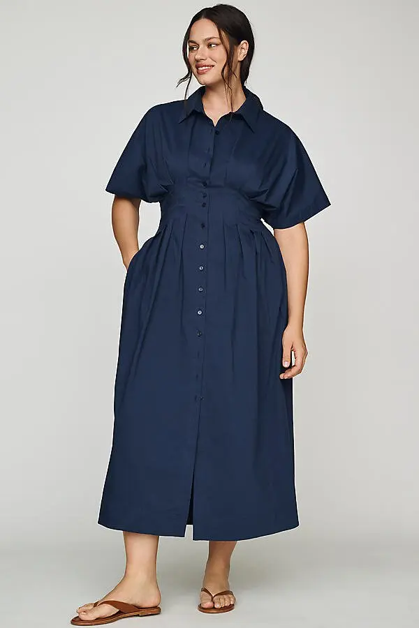 EXQUISE Tobie Shirt Dress With Pleats And Exaggerated Sleeves - Solid Navy