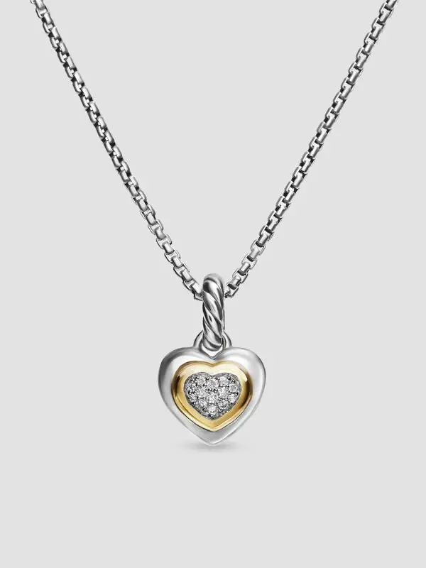David Yurman Petite Cable Heart Pendant Necklace In Sterling Silver With 14k Yellow Gold And Diamonds, 17.1mm - Diamond