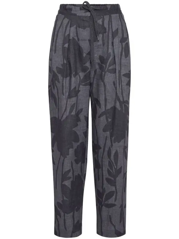 Brunello Cucinelli Floral Print Linen Trousers - Grey