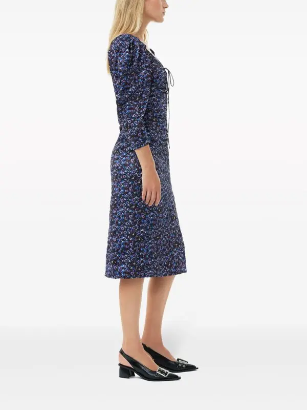 ganni ruched crepe midi dress GANNI Ruched Printed Crepe Midi Dress