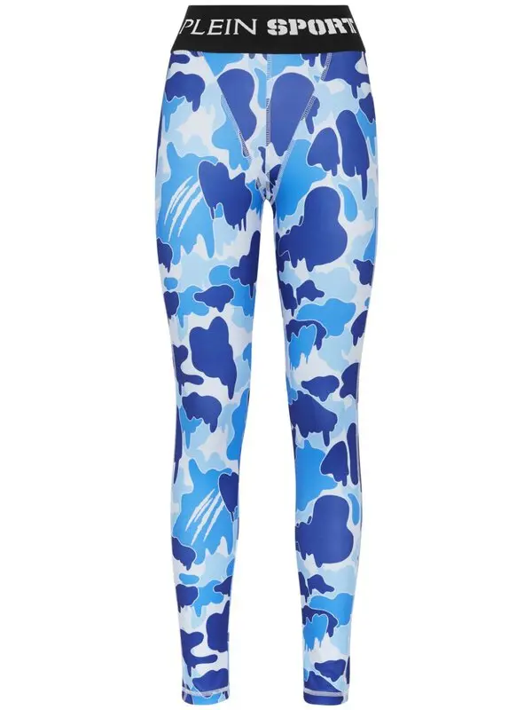 PLEIN SPORT Camouflage-print Logo-waistband Leggings - Blue