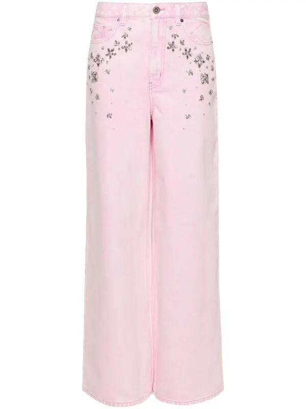 SELF-PORTRAIT High-rise Wide-leg Rhinestone-embellished Jeans - Pink