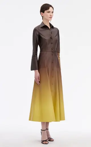 Oscar De La Renta Ombre Button-Front Leather Midi Dress - Brown |  Editorialist