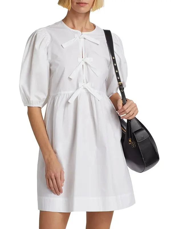 GANNI Poplin Bow Short-sleeve Minidress - Bright White