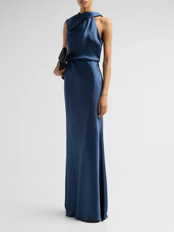 Amsale Asymmetric Satin Gown - French Blue