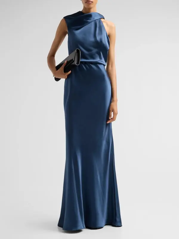 Amsale Asymmetric Satin Gown - French Blue