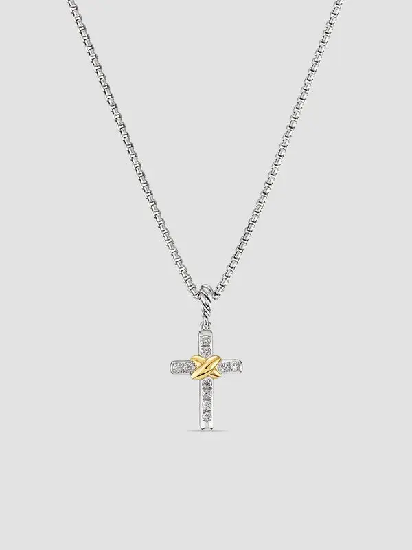 David Yurman Petite Cross Necklace In Sterling Silver With 18k Yellow Gold With Diamonds, 20.8mm - Diamond