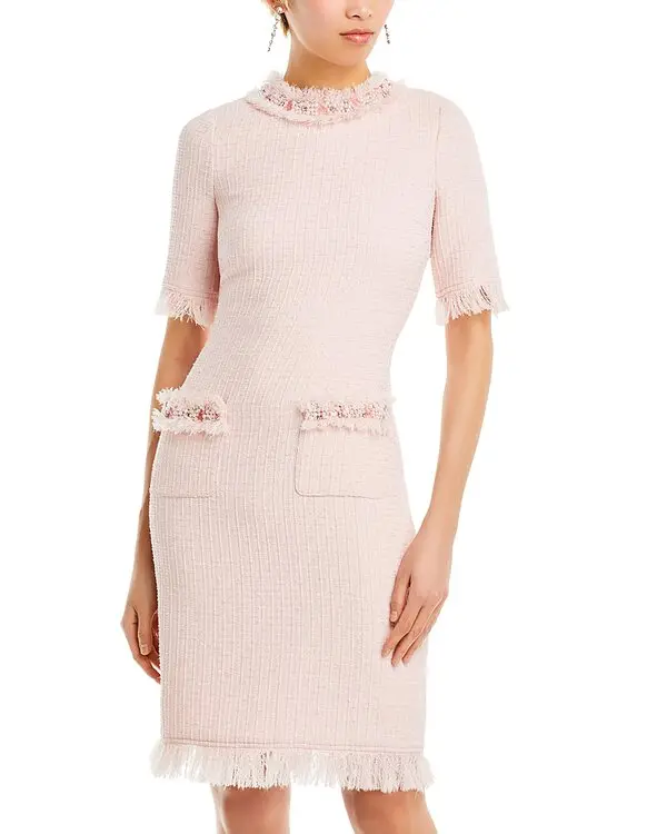 Rickie Freeman For Teri Jon Embellished Fringe Trim Tweed Sheath Dress - Blush Pink