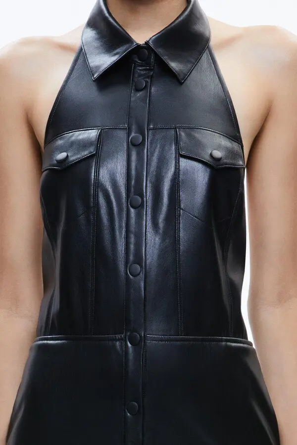 chinese dress ladies alice + olivia Women's Miranda Vegan Leather Tiered Mini Dress, Black, 10  at Amazon Women's Clothing store main image 1
