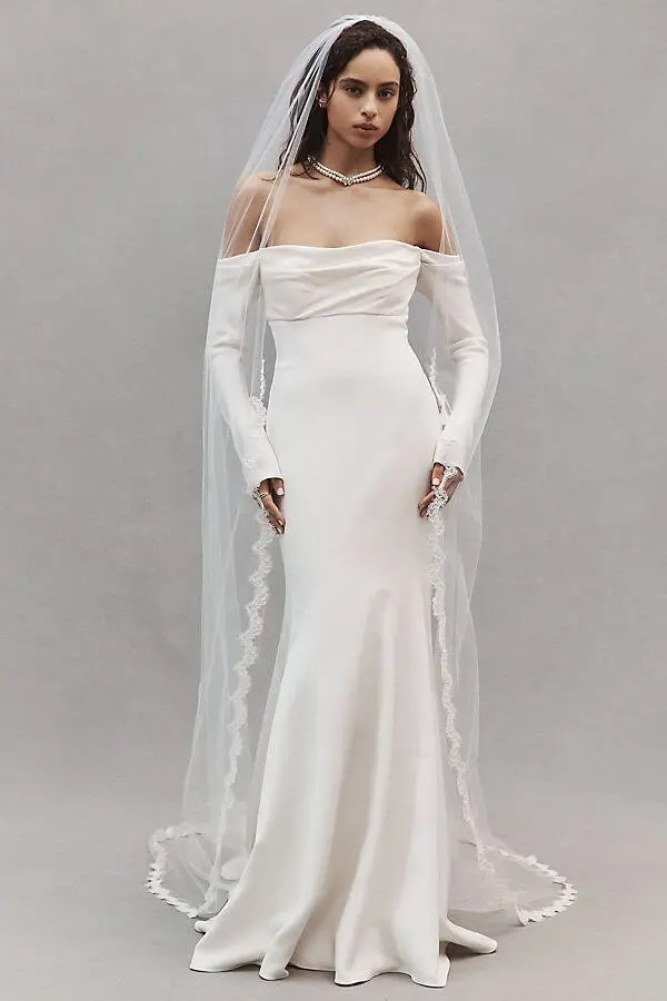 Jenny Yoo Briar Long-Sleeve Off-The-Shoulder Fit & Flare Crepe Wedding Gown  In White - 30% Off | Editorialist