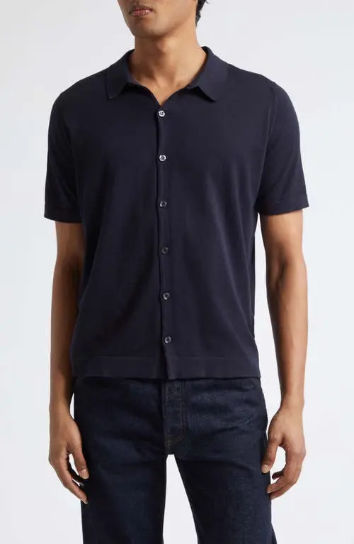 John Smedley Folke Knit Short Sleeve Cotton Button-up Shirt - Navy