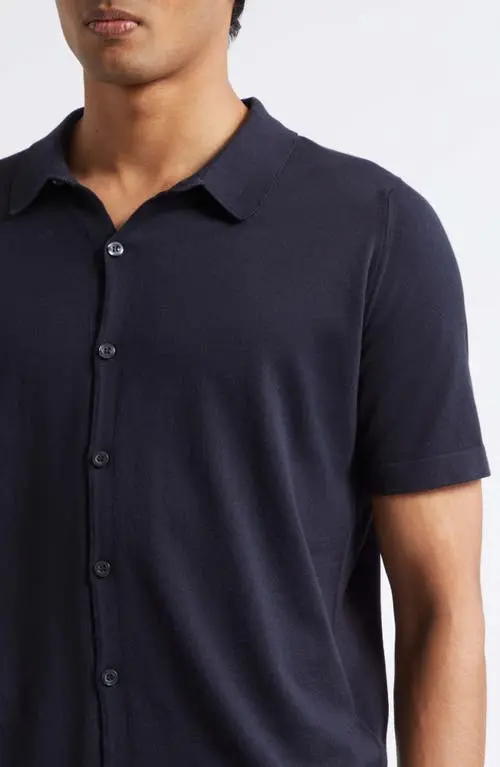 John Smedley Folke Knit Short Sleeve Cotton Button-up Shirt - Navy