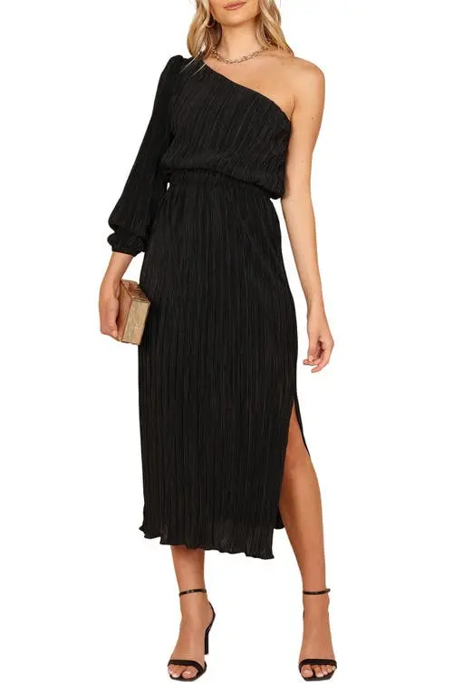 PETAL & PUP Pontée Plissé One-shoulder Midi Dress - Black