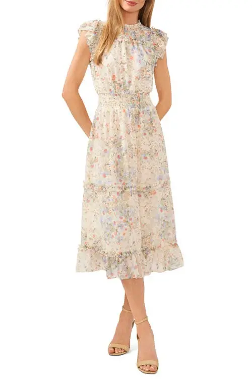 CECE DUPRAZ Floral Ruffle Midi Dress - Egret