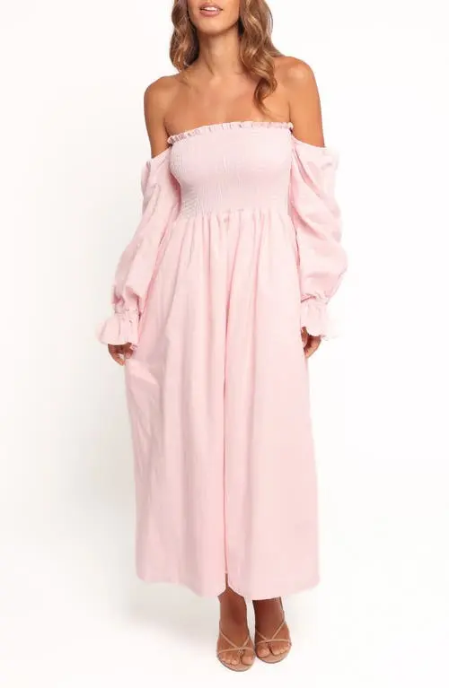 PETAL & PUP Domenica Off The Shoulder Linen Blend Midi Dress - Pink