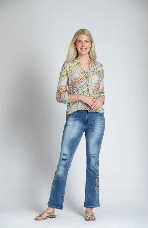 APNY Print Tassel Surplice Chiffon Top - Green Multi