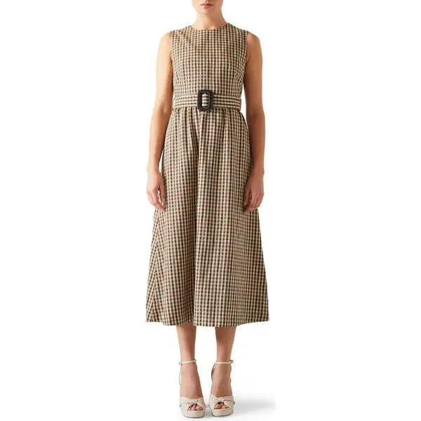 LK BENNETT Rae Check Sleeveless Midi Dress - Brown