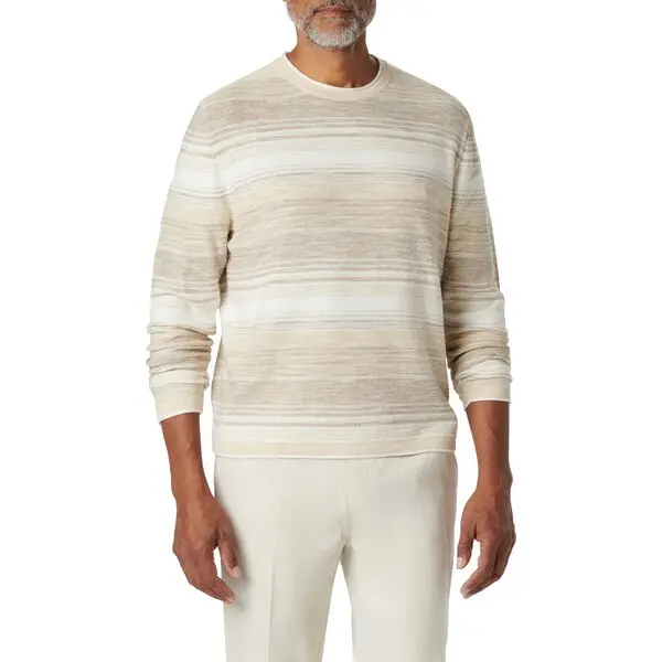 Bugatchi Stripe Crewneck Cotton Sweater - Beige