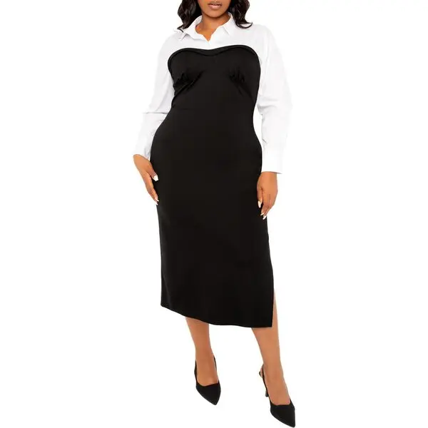 BUXOM COUTURE Contrast Long Sleeve Midi Shirt Dress