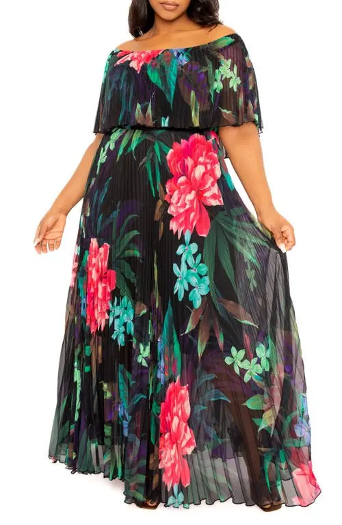 BUXOM COUTURE Floral Pleated Off-the-shoulder Maxi Dress - Black Multi