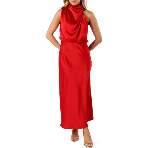 PETAL & PUP Anabelle Mock Neck Satin Midi Dress - Red
