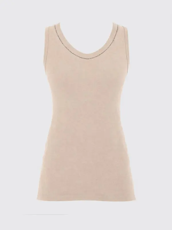 Brunello Cucinelli Stretch Cotton V-neck Tank Top With Monile Embellishment - Beige