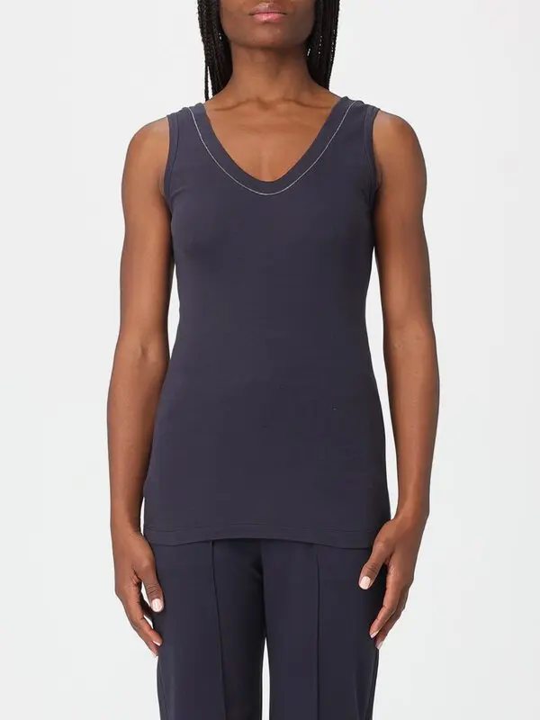 Brunello Cucinelli Stretch Cotton V-neck Tank Top With Monile Embellishment - Ocean